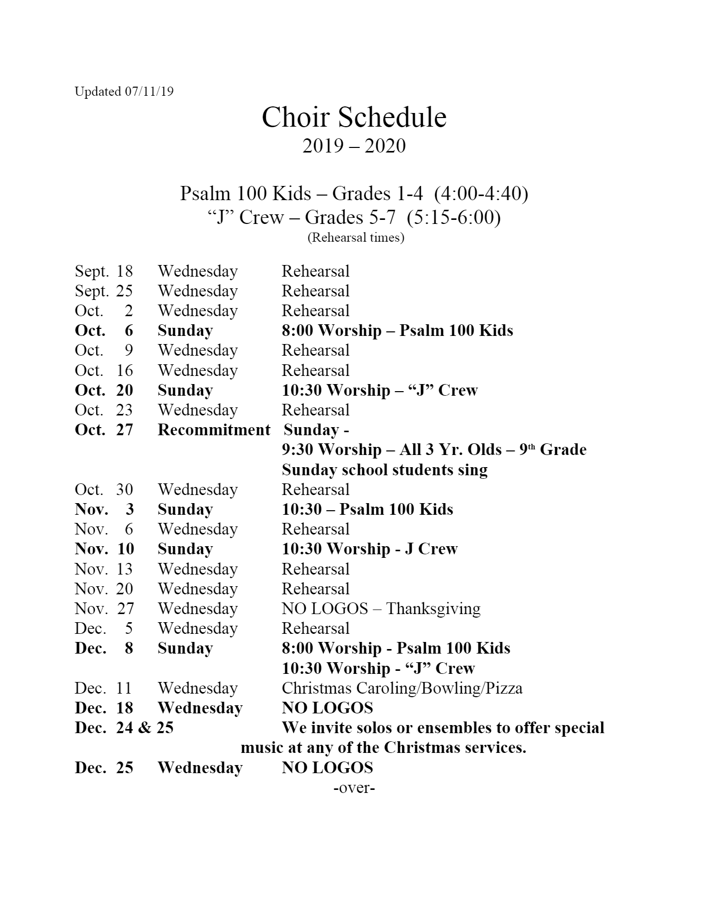 2019-2020-Choir-Schedule - Peace Lutheran Church