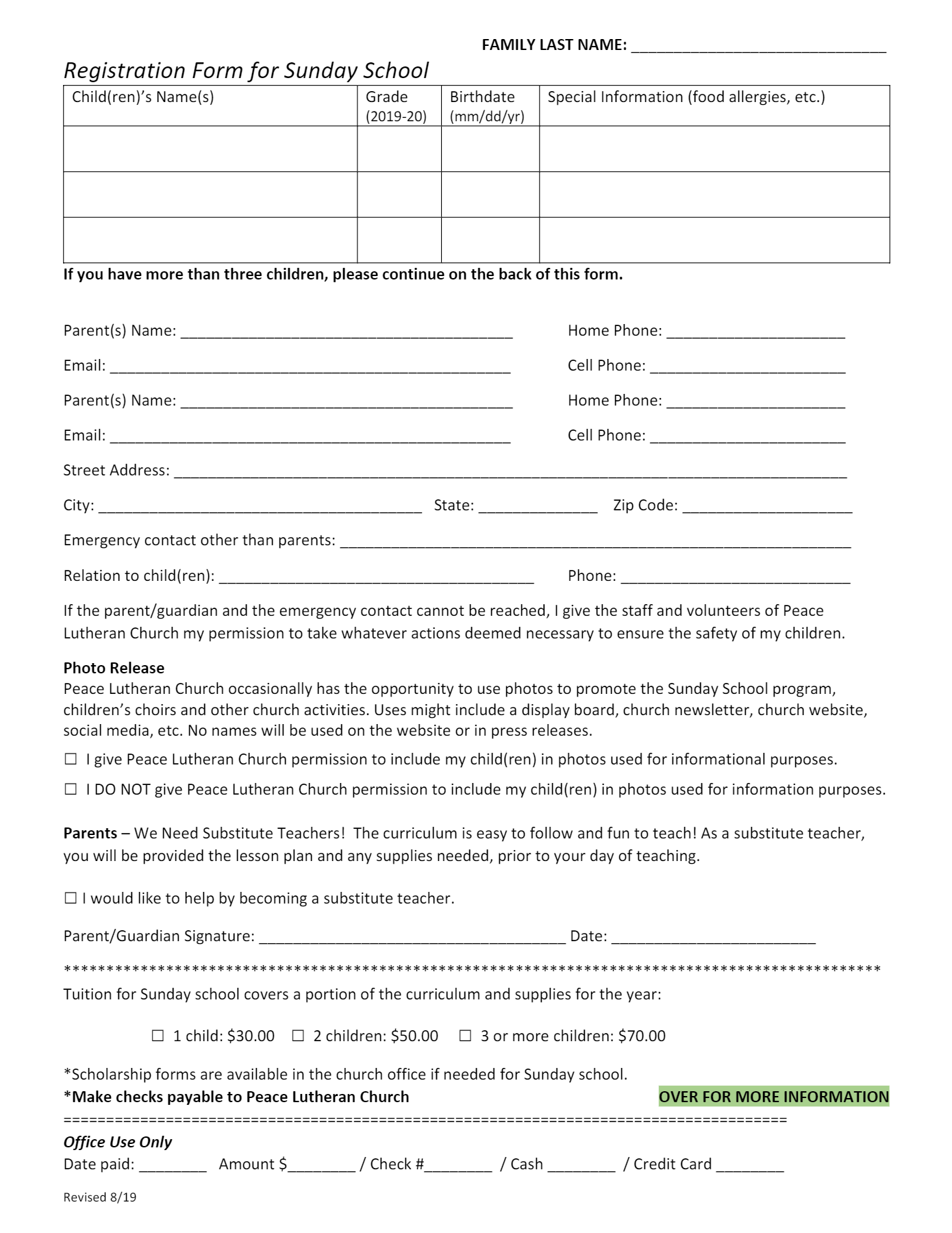 2019-2020-Registration-Form-Sunday-School - Peace Lutheran Church