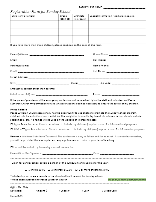 2019-2020-Registration-Form-Sunday-School - Peace Lutheran Church